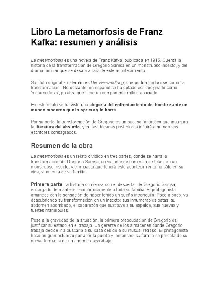 Resumen de "La metamorfosis" de Kafka | PDF | La metamorfosis | Franz Kafka