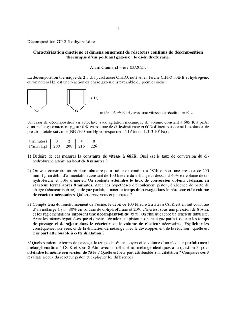 Décomposition thermique du di-hydrofurane | PDF | Réacteur (chimie ...