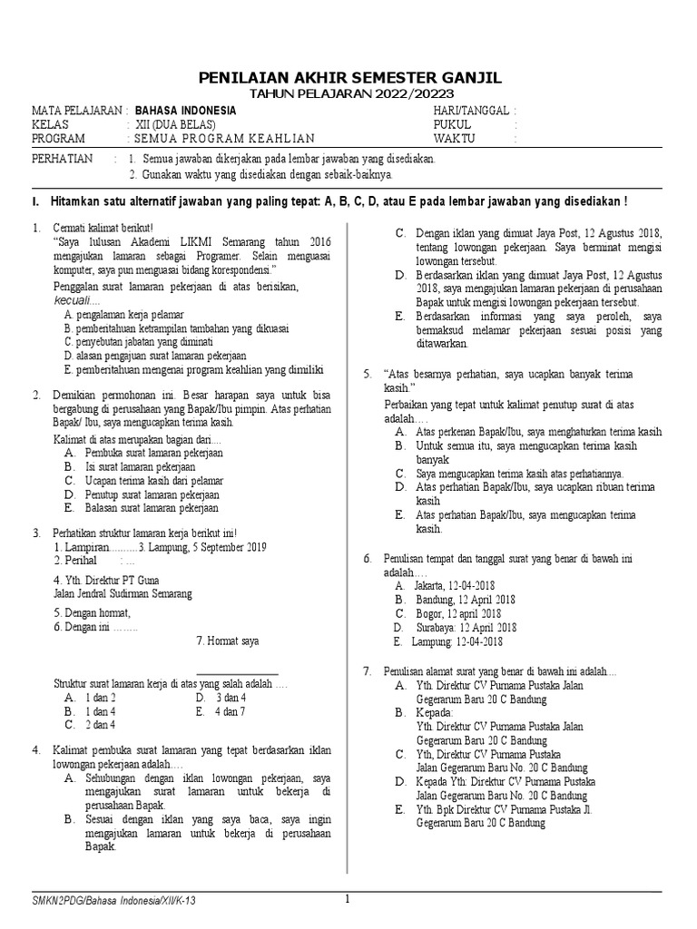 Penilaian Akhir Semester Ganjil 2023 | PDF