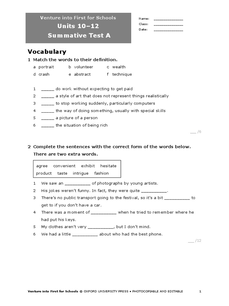 Venture into First: Units 10-12 Test | PDF