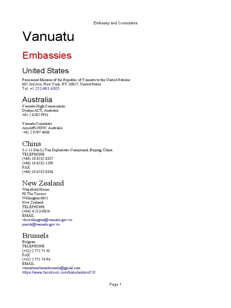 Vanuatu Embassies | PDF | Diplomatic Mission | Consul (Representative)