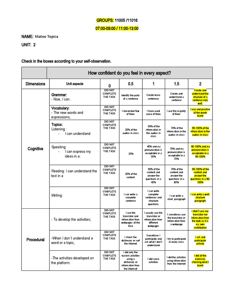 Self-Evaluation Rubric 1 | PDF
