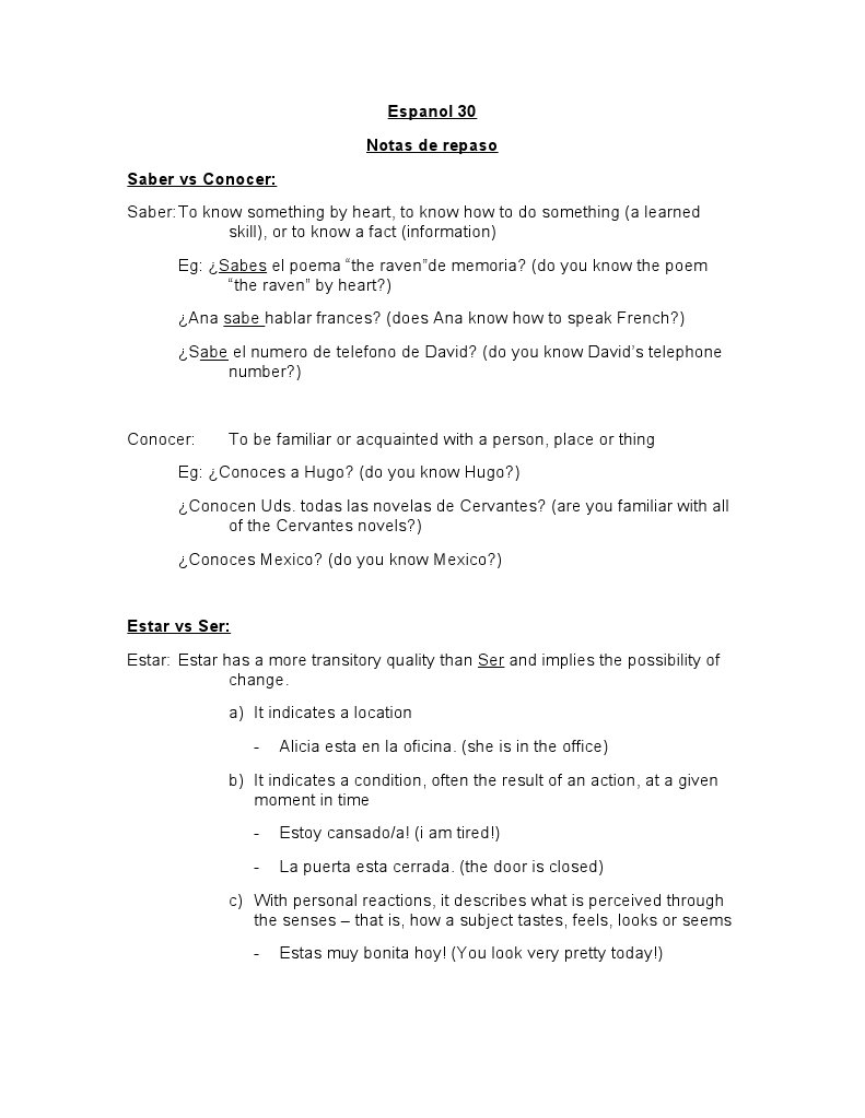 Espanol 30 Notas de Repaso Saber Vs Conocer | PDF | Semantic Units | Syntax