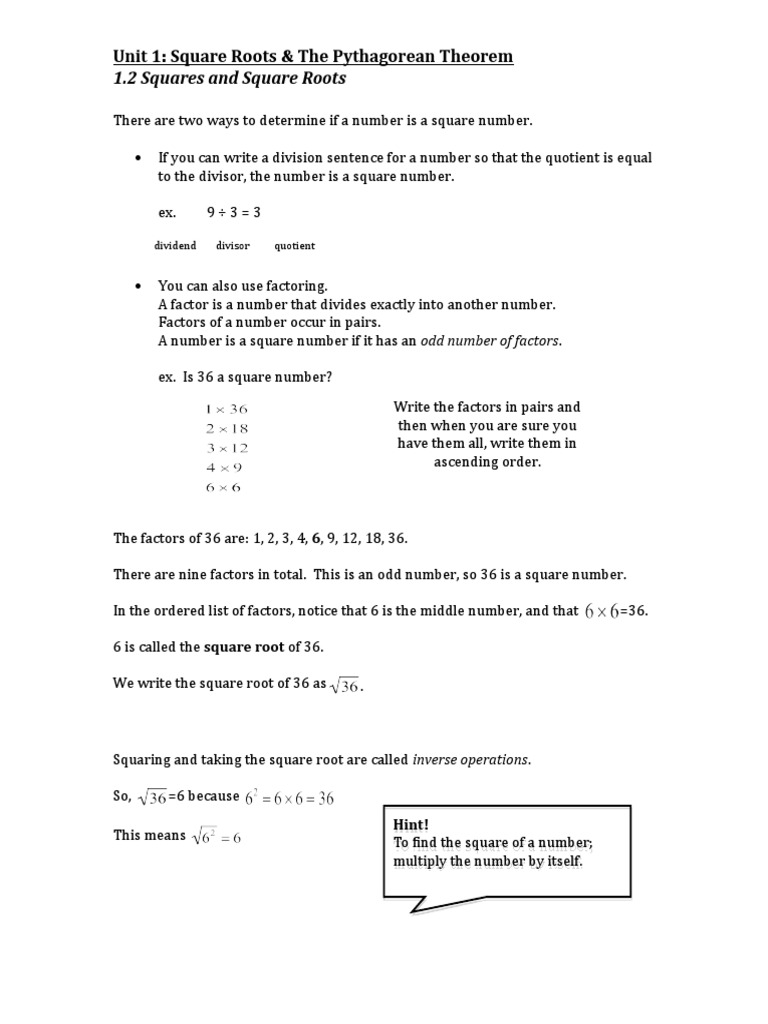 Squares and Square Roots Notes | PDF