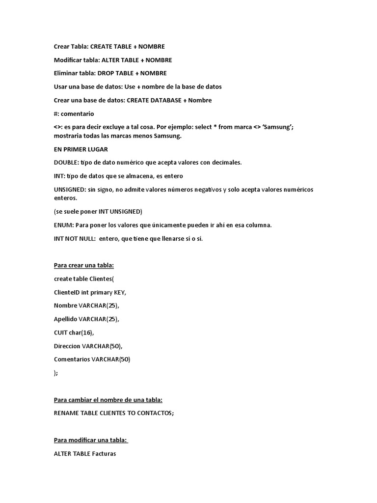 Comandos SQL: Crear, Modificar y Consultar Tablas | PDF | Programación ...