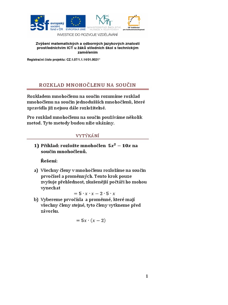 Rozklad Mnohočlenu Na Součin | PDF