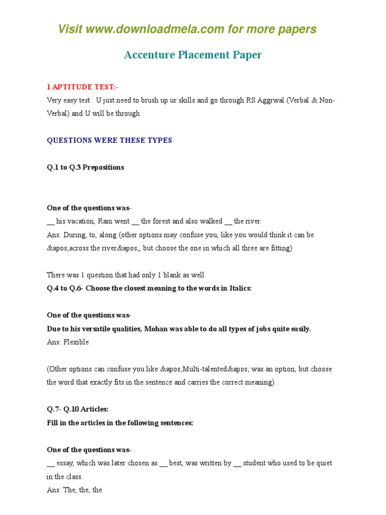 Accenture Placement Paper: 1 Aptitude Test | PDF | Test (Assessment ...