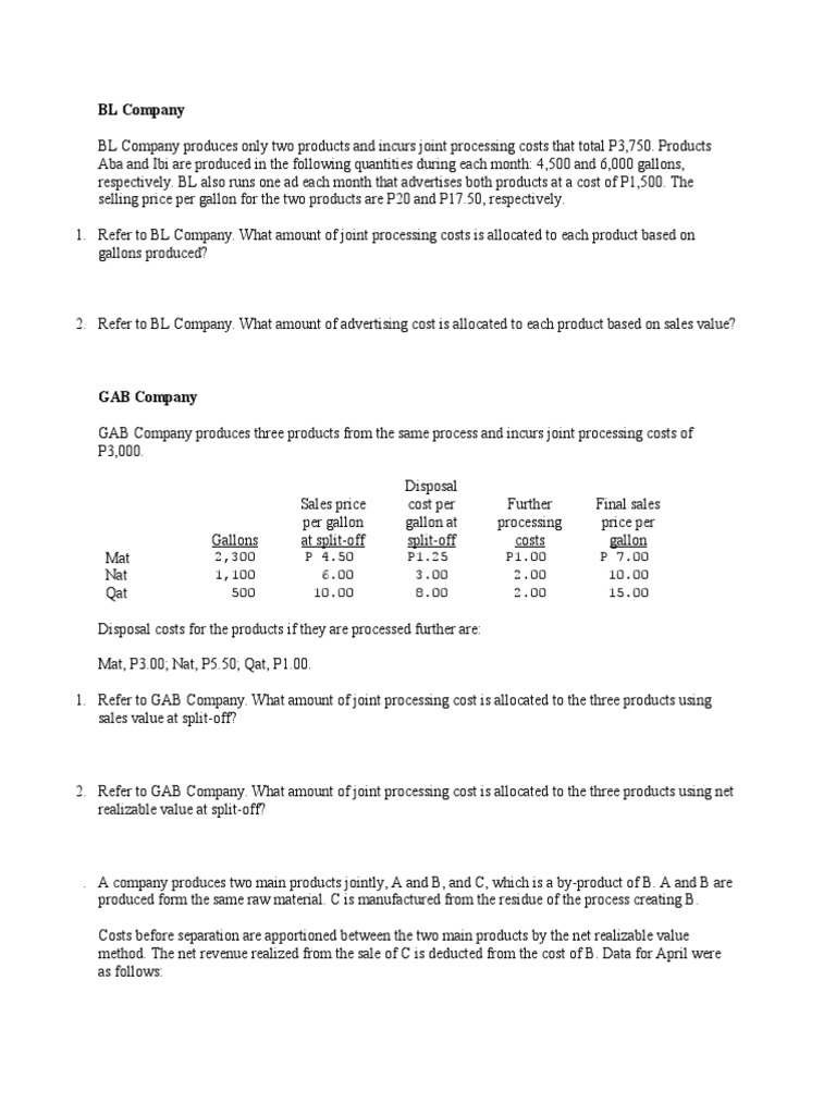 Joint And By Product Costing Exercises Questions Pdf 