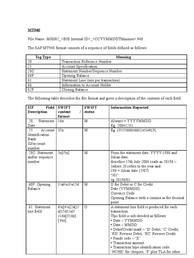 SWIFT MT 940 Formata Apraksts ENG | PDF