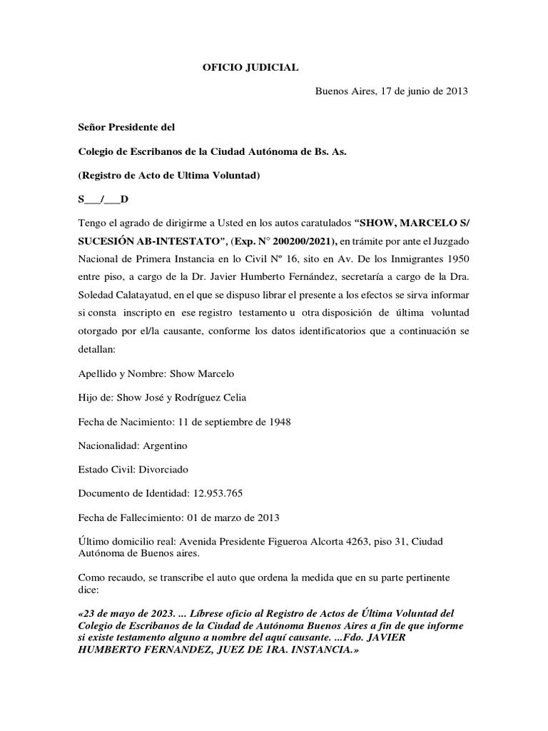 Oficio Judicial Al Colegio de Escribanos | PDF