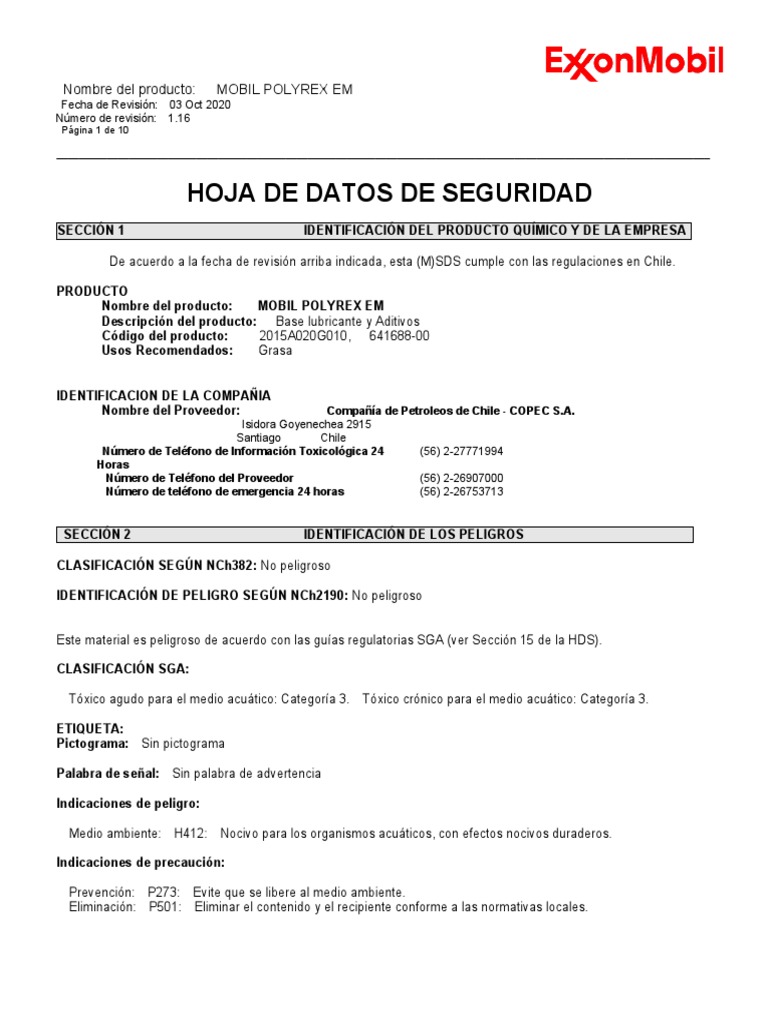 MSDS - 775575 - Grasa Mobil Polyrex EM | PDF | Ventilación ...