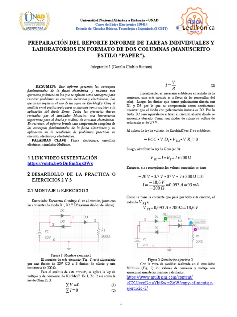 Tarea 2 Circuitos - Danilo Ramos - Fisica Electronica - Grupo 147 | PDF | Electrónica ...