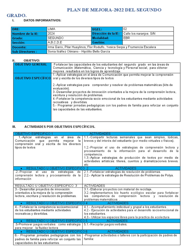 Plan de Mejora Segundo Grado | PDF | Evaluación | Comprensión lectora