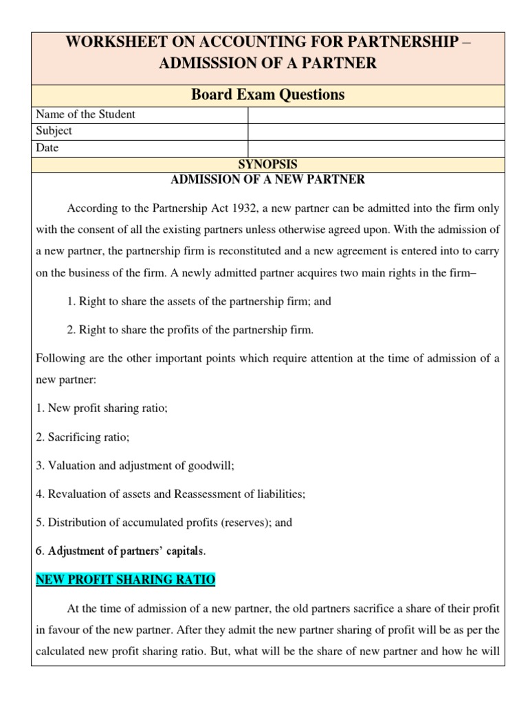 Worksheet On Accounting For Partnership - Admission of A Partner Board Questions | PDF ...