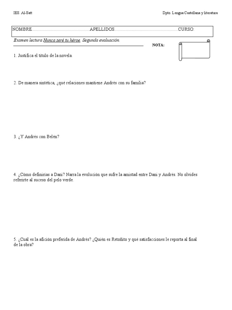 Examen Lectura Nunca Seré Tu Héroe | PDF