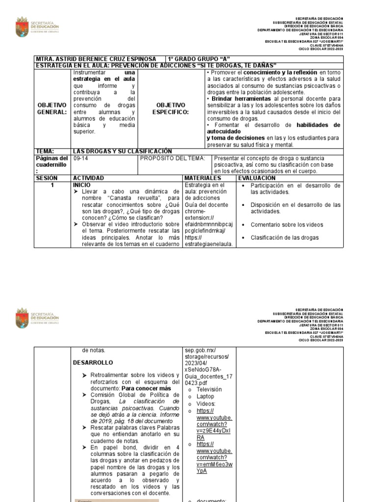 Planeación Tema 1 Drogas y Su Clasificación | PDF