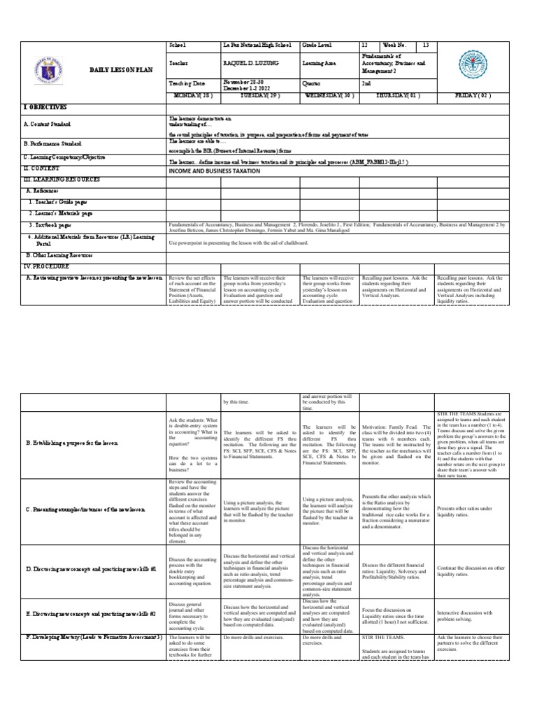 DLL FUNDA Week 15 ABM 12 B | PDF | Ratio | Learning
