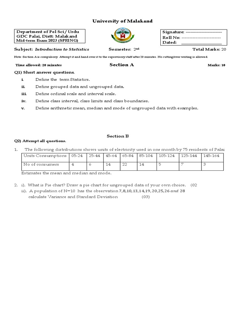 2nd Sem Statistics Exam Paper | PDF