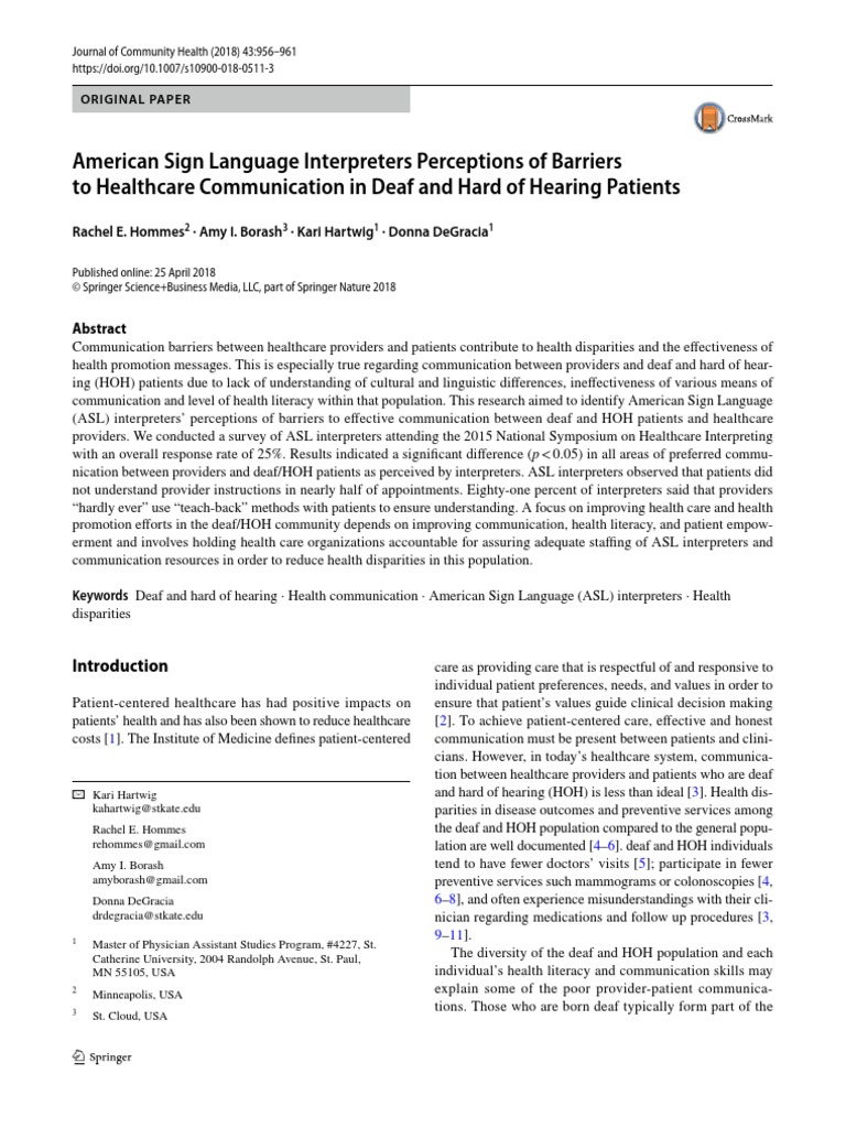 American Sign Language Interpreters Perceptions of Barriers To Healthcare Communication in Deaf ...
