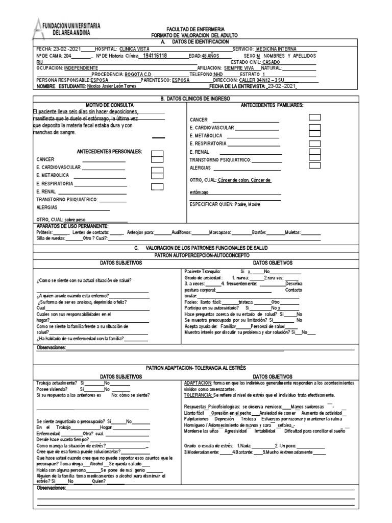 Formato de Valoracion Fuaa | PDF | Estrés (biología) | Heces