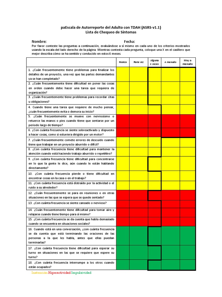Escala ASRS-v1.1 para TDAH en Adultos | PDF | Desorden hiperactivo y ...