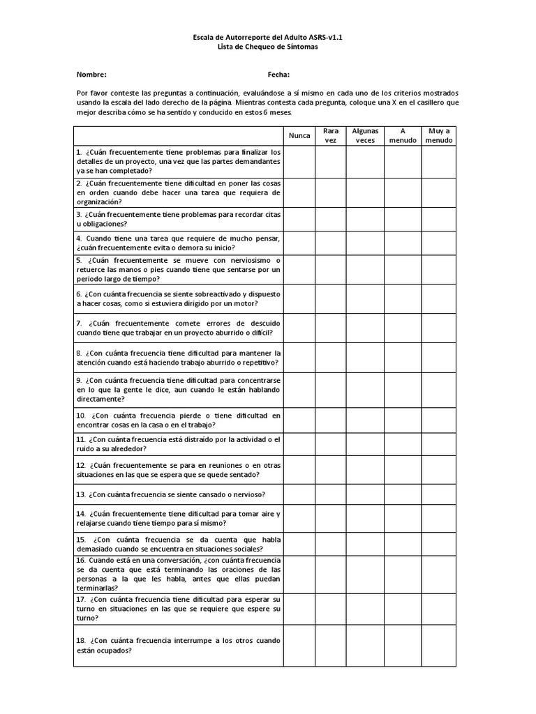 Escala ASRS-v1.1: Autodiagnóstico ADHD | PDF