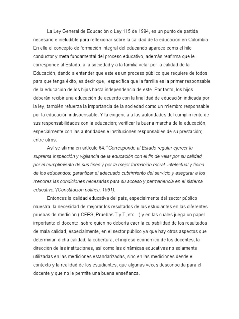 La Ley General de Educación o Ley 115 de 1994 | PDF