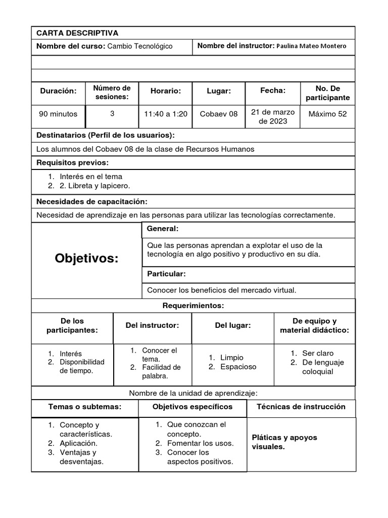 Carta Descriptiva | PDF | Ciencia cognitiva | Comunicación
