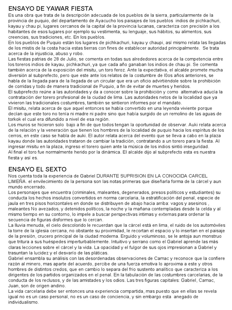 Ensayo de Yawar Fiesta | PDF