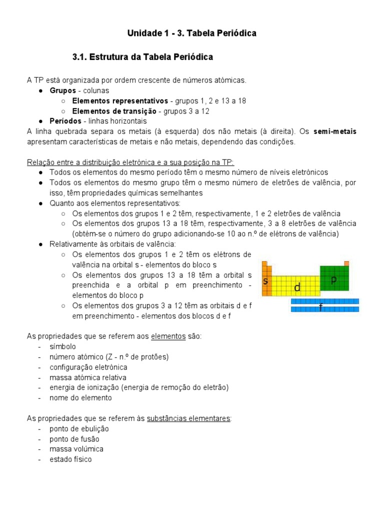 Estrutura e Propriedades da Tabela Periódica | PDF | Átomos | Tabela ...