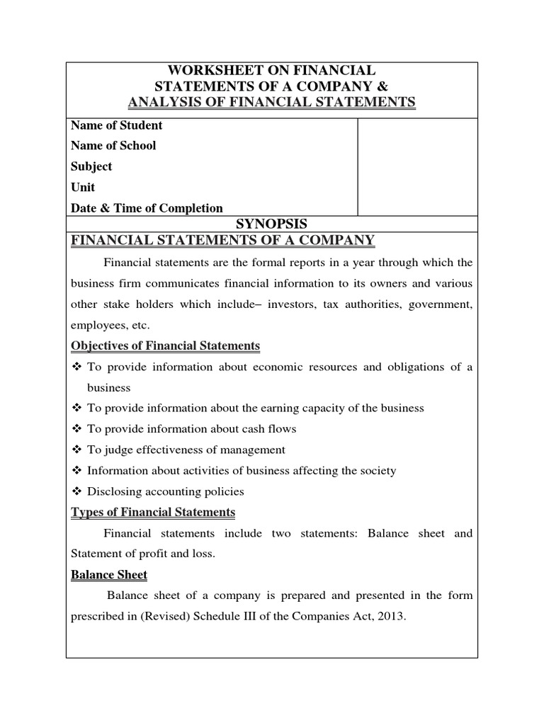 Worksheet On Financial Statements of A Company Board Exam QP | PDF ...