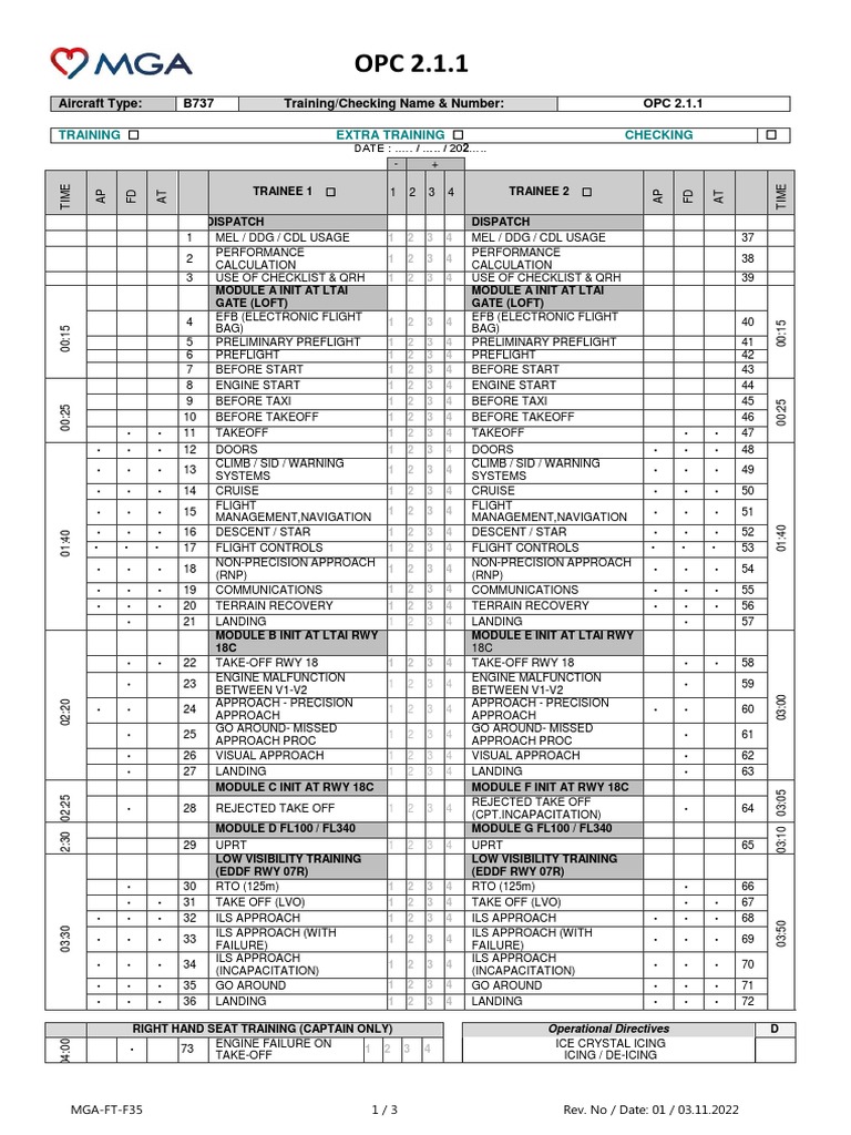 Training Extra Training Checking: Aircraft Type: B737 Training/Checking Name & Number: OPC 2.1.1 ...