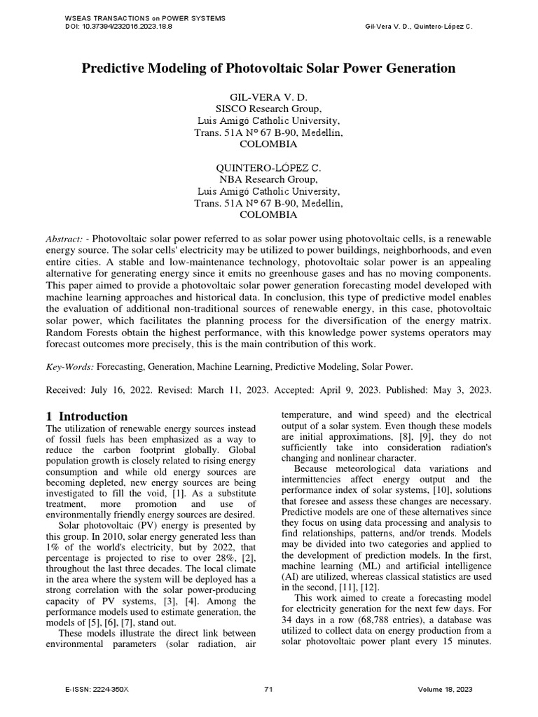 Predictive Modeling of Photovoltaic Solar Power Ge | PDF