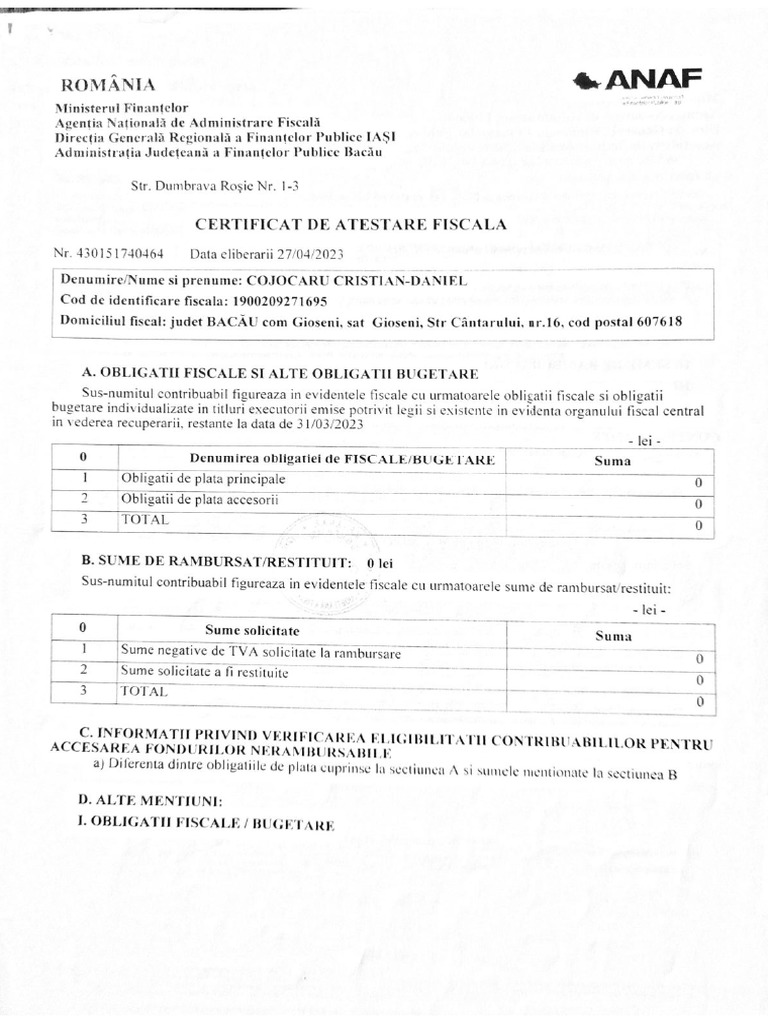 Certificat Fiscal ANAF 2 PAGINI | PDF