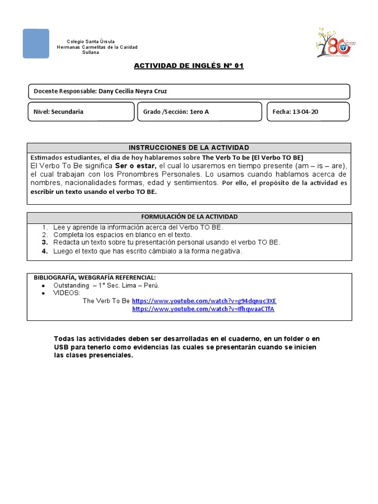 Actividad 01 - 1ro Sec. Lista Ingles | PDF | Gramática | Relaciones sintácticas