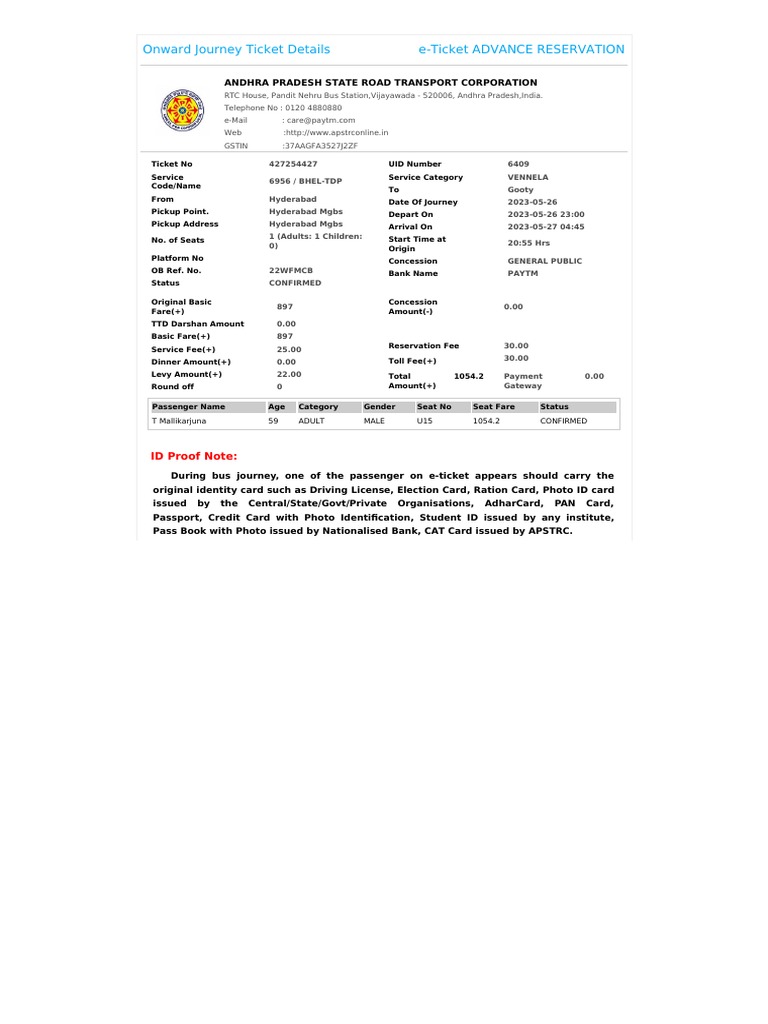 Onward Journey Ticket Details E-Ticket Advance Reservation: ID Proof Note | PDF | Ticket ...