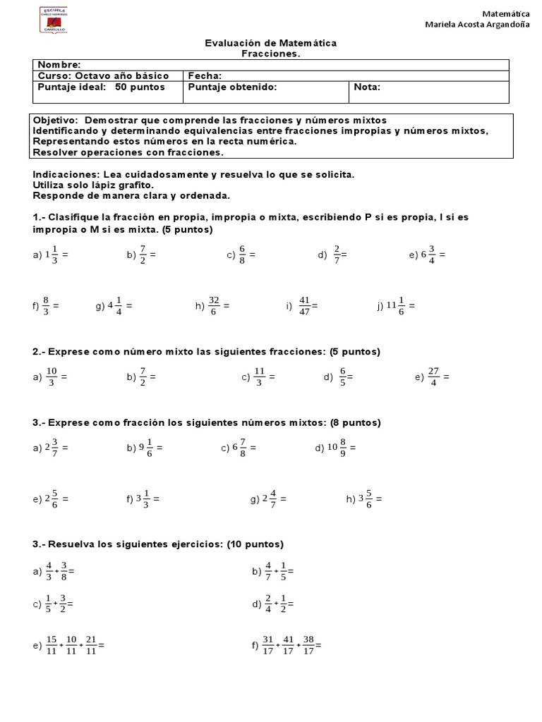 Evaluación de Fracciones Octavo Básico | PDF | Métodos y materiales de ...