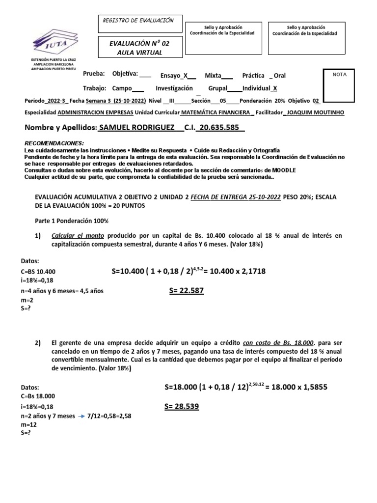 Eval 2 Mate Financ | PDF | Métodos matemáticos y cuantitativos (economía) | Enseñanza de matemática