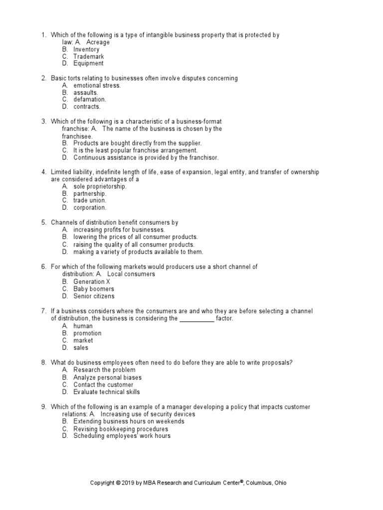 Entrepreneurship Sample Exam | PDF | Franchising | Loans