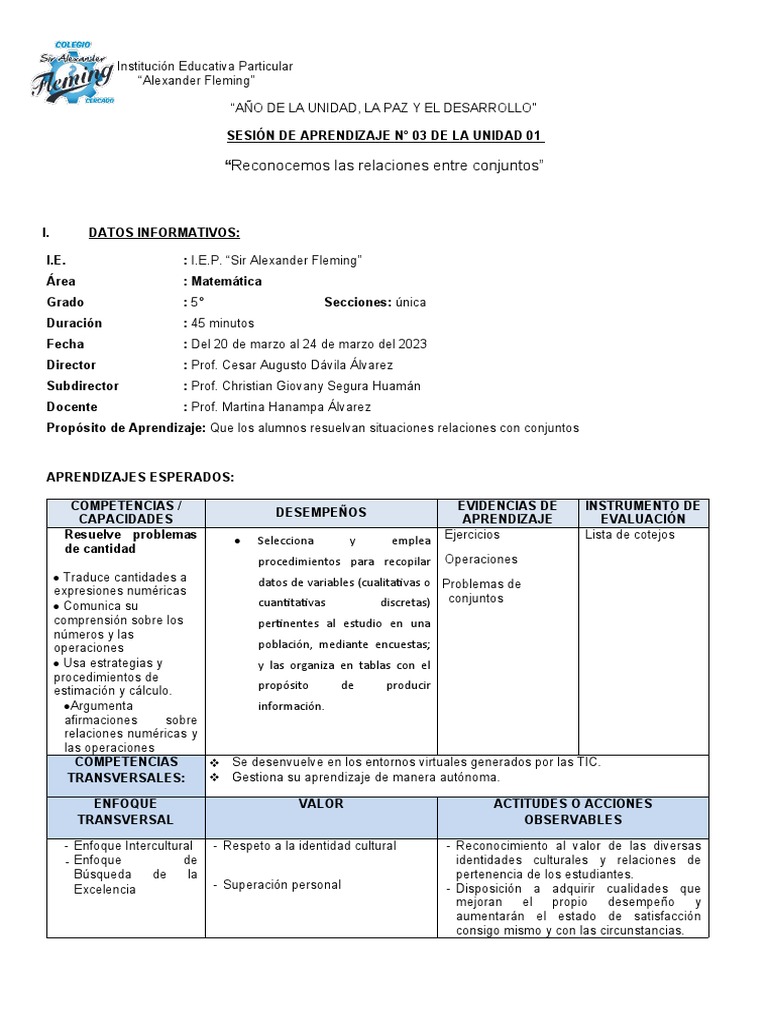SESION 3 5to Relacion Entre Conjuntos | PDF | Aprendizaje | Evaluación