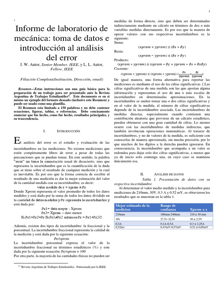 Informe de Toma de Datos y Análisis de Error | PDF | Medición | Incertidumbre