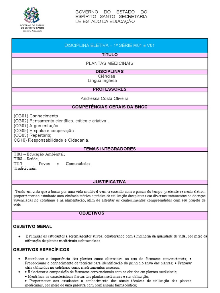 Plano Eletiva - Plantas Medicinais - 1º Trimestre | PDF | Science | Química