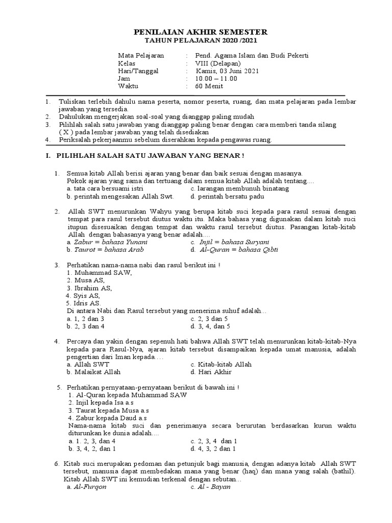 Soal PAS PAI & BP Kelas 8 K13 2020 2021 | PDF | Agama & Spiritualitas