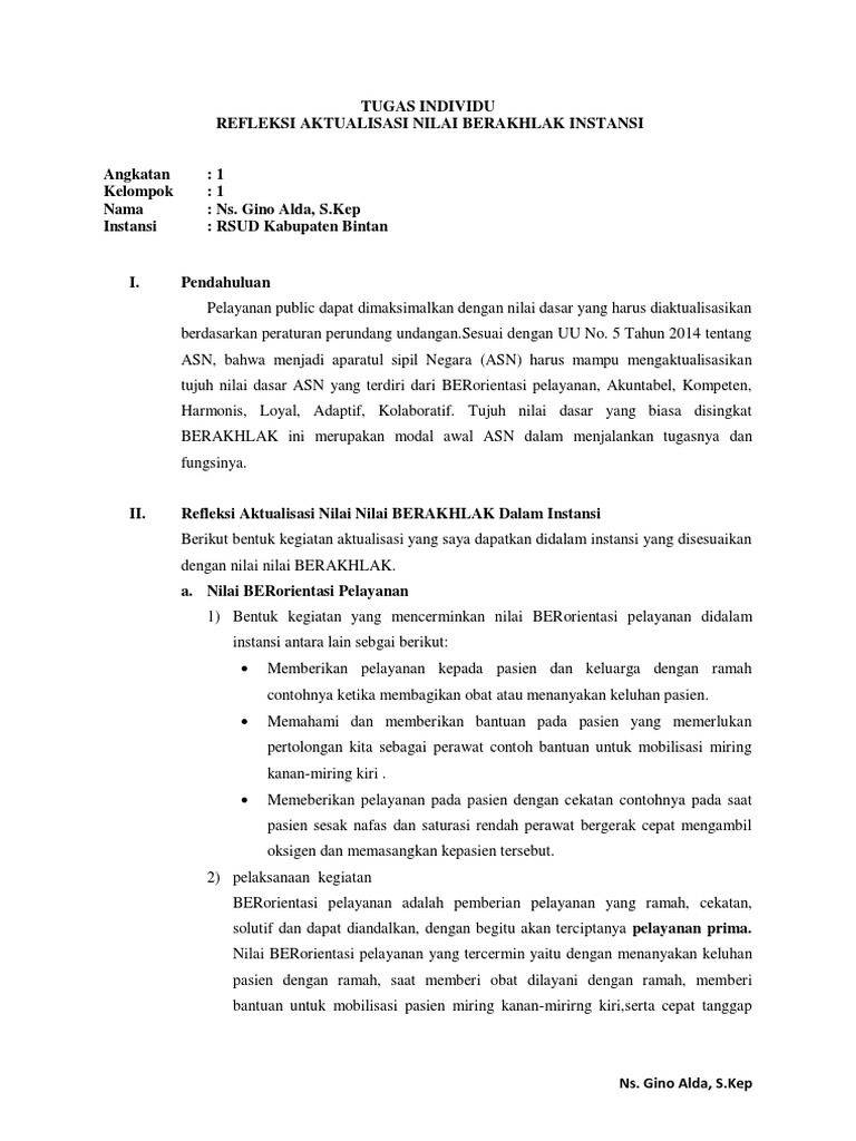 TUGAS INDIVIDU REFLEKSI AKTUALISASI NILAI BERAKHLAK INSTANSI AGENDA 2 | PDF