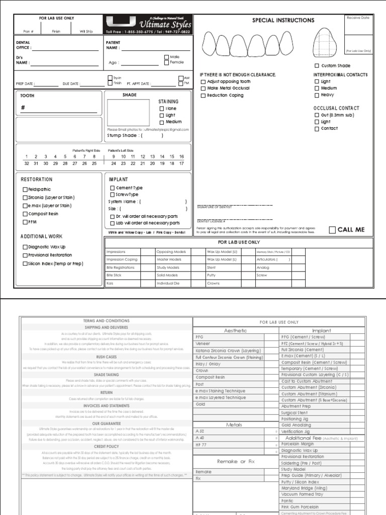 Dental Lab Order Form | PDF | Dentistry Branches