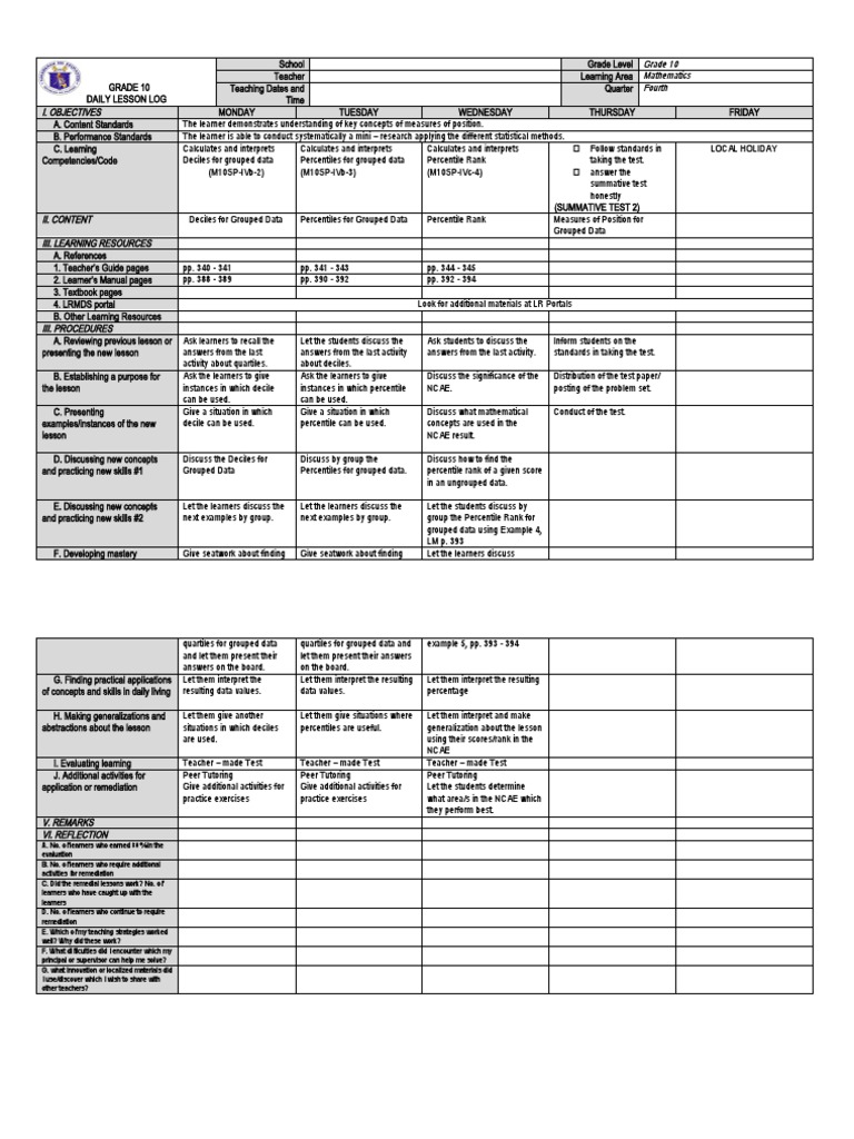 Grade-10-4th-Quarter-Week 4 2023 4 | PDF | Percentile | Learning
