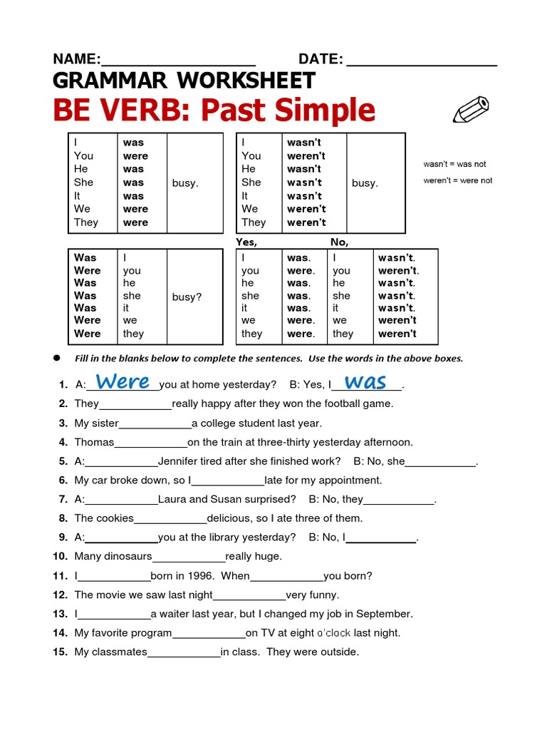 Grammar Worksheet Was Were | PDF