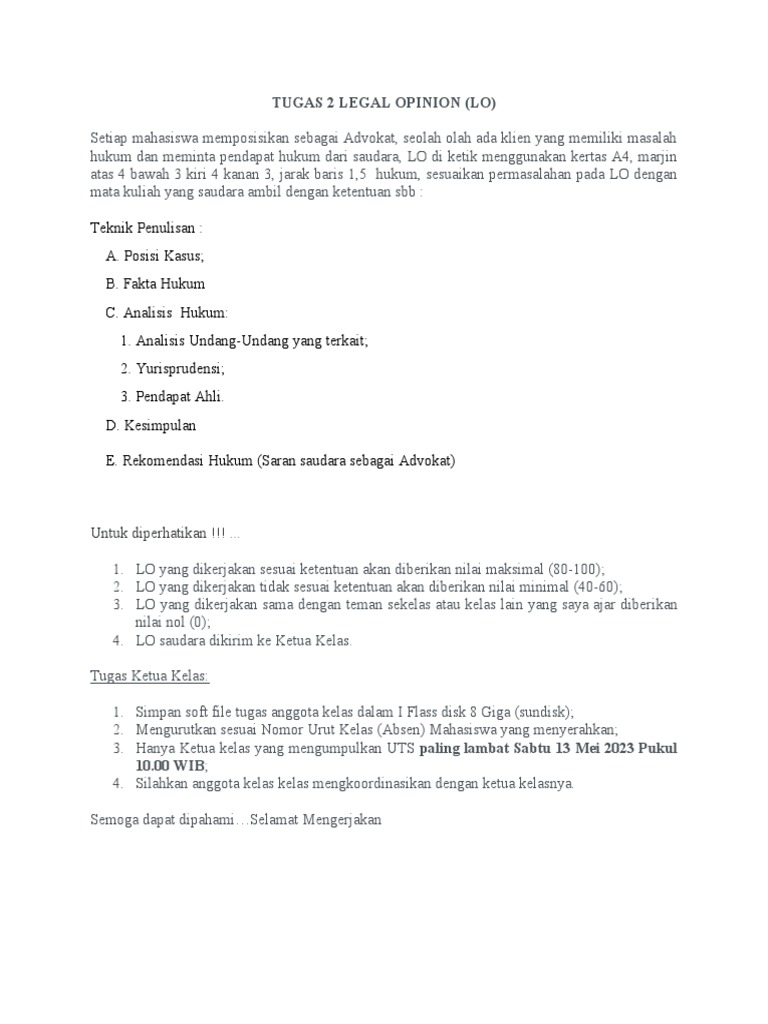 Uts (Mei 2023 Membuat Legal Opinion (Lo) Dan Contoh Lo | PDF