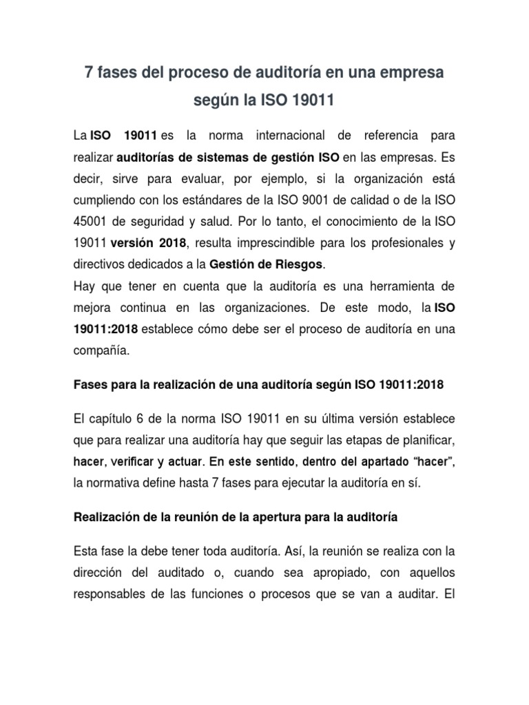 7 Fases Del Proceso de Auditoría en Una Empresa Según La ISO 19011 | PDF