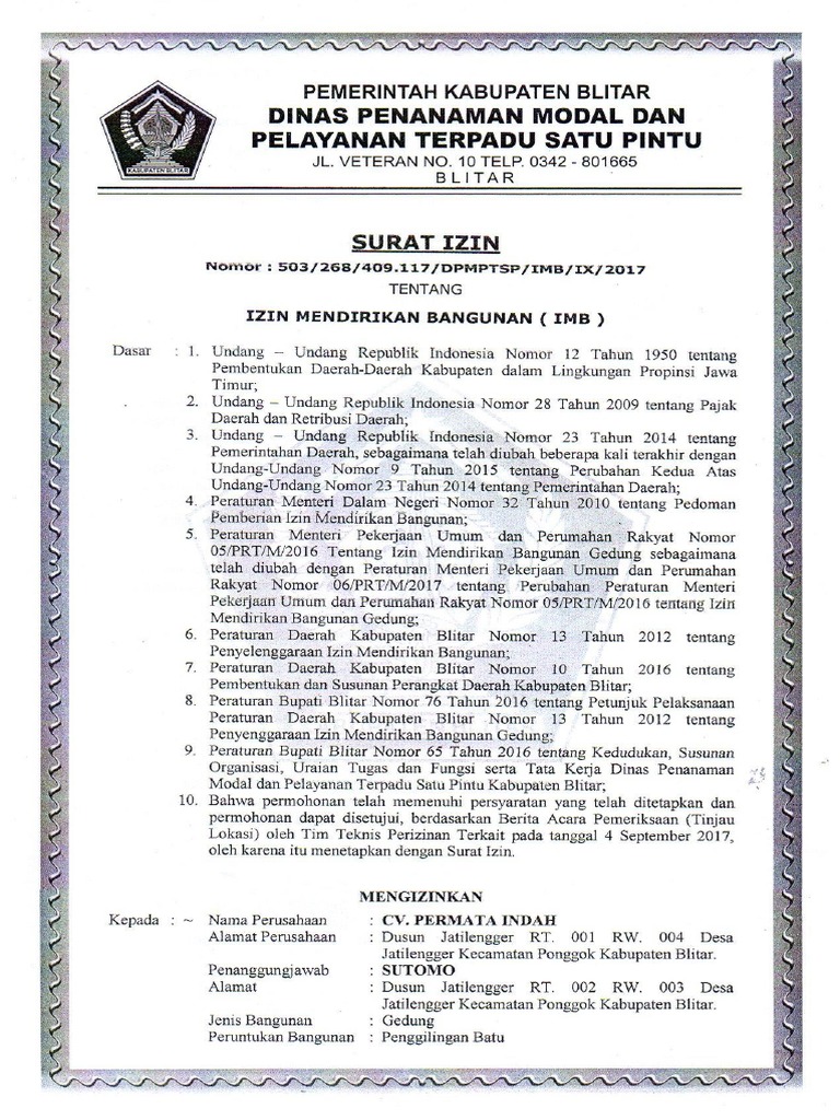 CV PERMATA INDAH - Surat Izin Mendirikan Bangunan | PDF